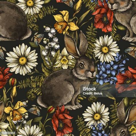 야생화 데이지 양귀비 여름 꽃 질감과 우드 랜드 토끼 원활한 패턴 가축에 대한 스톡 벡터 아트 및 기타 이미지 가축 계절 귀여운 Istock
