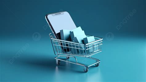 파란색 배경에 스마트폰의 쇼핑 카트 쇼케이스 3d 렌더링 온라인으로 지불 온라인 지불 전자 상거래 앱 배경 일러스트 및