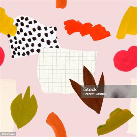 구 아 슈와 종이 콜라주 완벽 한 패턴입니다 Trandy 추상 콜라주입니다 종이 요소 스케치 낙서 선 도트 꽃 나뭇잎 모양을 잘라냅니다 손으로 그린 그림 포장 커버 등 0