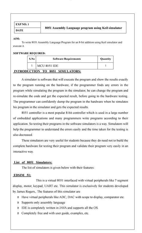 Cs3691 Ei Lab Manual Exp No 1 8051 Assembly Language Program Using