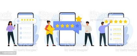 소비자 리뷰와 별 5개 등급의 벡터 삽화 세트 고객 피드백 개념입니다 플랫 디자인의 장면 모음입니다 일등석에 대한 스톡 벡터