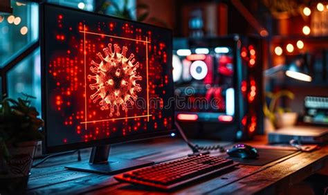 Computer Monitor On A Desk In A Dimly Lit Office Displaying A Red Alert Warning Of Virus