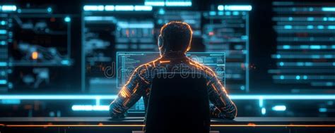A Person Sits In Front Of Multiple Glowing Screens Engaged In Data Analysis With A Futuristic