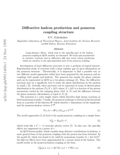 Pdf Diffractive Hadron Production And Pomeron Coupling Structure