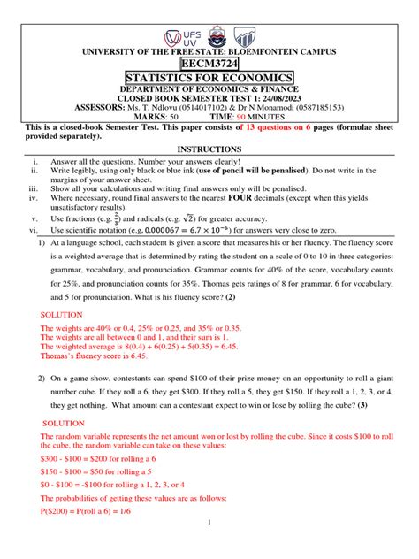 Memo Eecm3724 Semester Test 1 Pdf Random Variable Standard Score