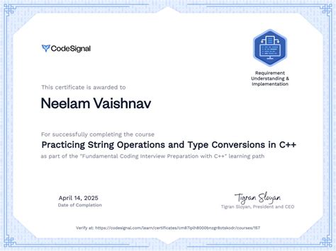 Course Certificate For Practicing String Operations And Type