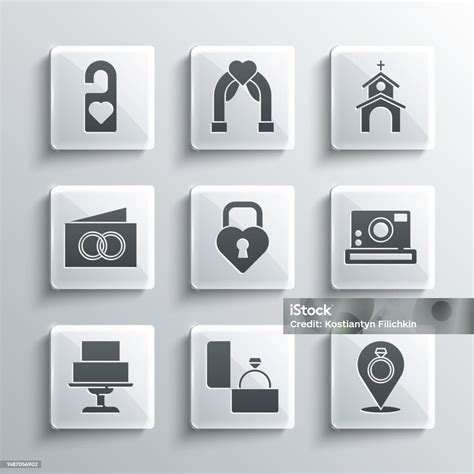 다이아몬드 약혼 반지 결혼 반지 사진 카메라 성 하트 모양 케이크 인사말 카드 방해하지 말고 교회 건물 아이콘을 설정하십시오 벡터 3월에 대한 스톡 벡터 아트 및 기타