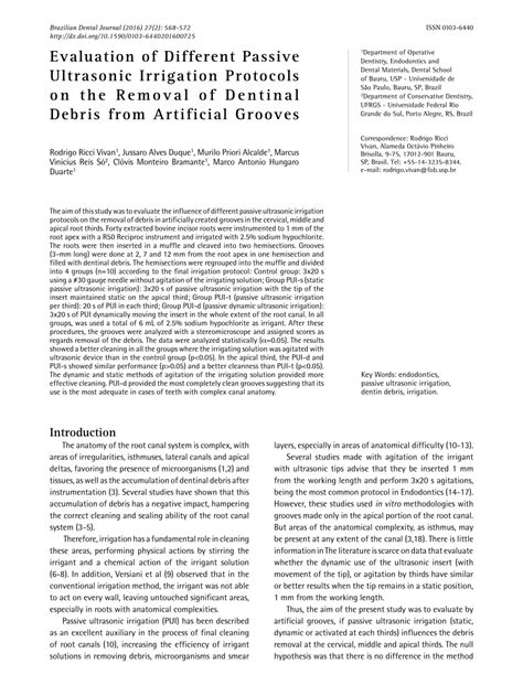 Pdf Evaluation Of Different Passive Ultrasonic Irrigation Protocols On The Removal Of Dentinal