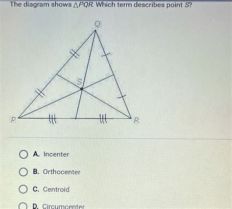 Solved The Diagram Shows Pqr Which Term Describes Point S A Incenter B Orthocenter C Centro
