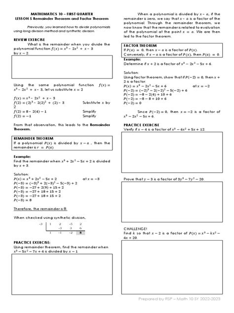 Math10 Q1 05 Remainder Theorem And Factor Theorem Pdf Polynomial Abstract Algebra