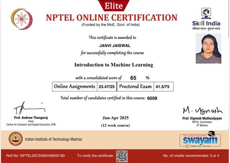 Completed Nptels Machine Learning Course With Elite Rank Janvi Jaiswal Posted On The Topic