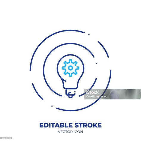 기어 라인 아트 벡터 아이콘전구 혁신 아이디어의 개요 기호입니다 얇은 스트로크로 만든 창조적 인 솔루션 픽토그램 배경에 격리 개념에 대한 스톡 벡터 아트 및 기타 이미지