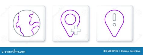 Set Line Location With Exclamation Mark Earth Globe And Icon Vector Stock Vector