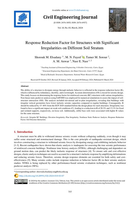 Pdf Civil Engineering Journal Response Reduction Factor For Structures With Significant