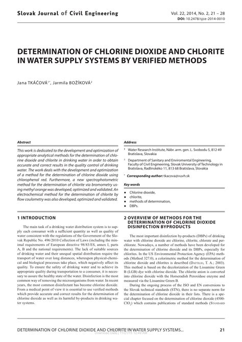 Pdf Determination Of Chlorine Dioxide And Chlorite In Water Supply Systems By Verified Methods