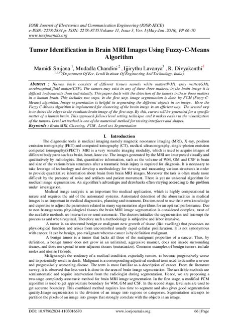 Pdf Tumor Identification In Brain Mri Images Using Fuzzy C Means