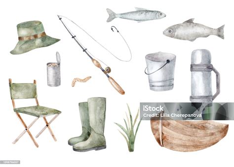 수채화 그림 낚시 보트 낚시 모자 고무 부츠 철 양동이 낚싯대 물고기 웜 후크 갈대 캠핑 흰색 배경에 고립 낚싯대에 대한 스톡 벡터 아트 및 기타 이미지 Istock