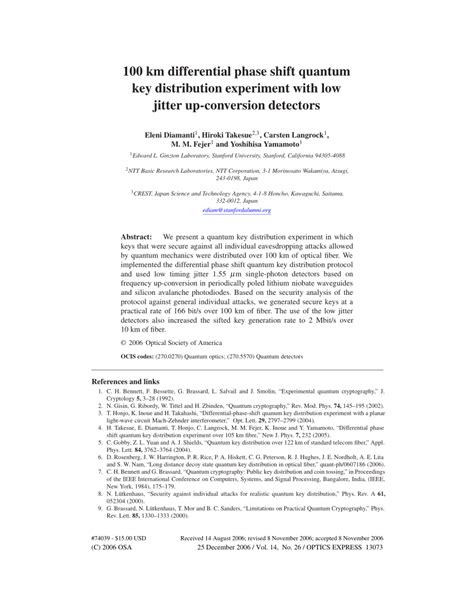 Pdf 100 Km Secure Differential Phase Shift Quantum Key Distribution With Low Jitter Up