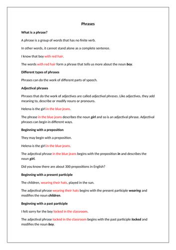 Adjectival Phrases Teaching Resources