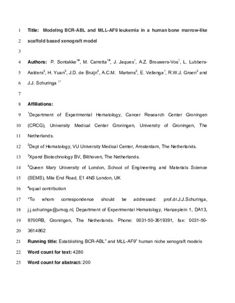 Pdf Modeling Bcr Abl And Mll Af9 Leukemia In A Human Bone Marrow Like Scaffold Based Xenograft