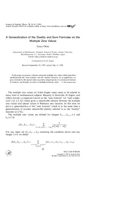 Pdf A Generalization Of The Duality And Sum Formulas On The Multiple