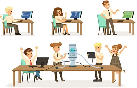 정보학 또는 프로그래밍 수업 컬렉션의 학교 어린이 흰색 배경에 컴퓨터 벡터 일러스트레이션을 작업하는 학생 개념에 대한 스톡 벡터 아트 및 기타 이미지 Istock