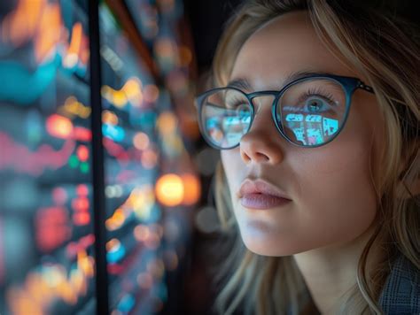 Woman Wearing Glasses Looking At Computer Screen With Colorful Data Visualization Premium Ai