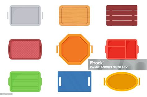 음식 쟁반 세트 음식을 운반하고 패스트 푸드 시설 및 카페테리아에서 제공하는 쟁반 나무 금속 및 플라스틱으로 만든 쟁반 벡터 그림입니다 3차원 형태에 대한 스톡 벡터 아트