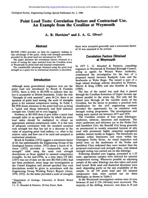 Point Load Tests Correlation Factors And Contractual Use An Example From The Corallian At