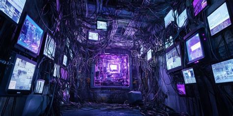 a cyberpunk 3d background of a hidden hacker lair inside an abandoned
