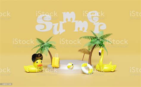 야자수 여행 가방 풍선 플라밍고 오리 구명 부표 노란색 배경에 격리된 우산이 있는 실린더 무대 연단 쇼핑 여름 세일 개념 3d