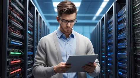 A Young Man In A Server Room Looks At A Tablet While Examining Rows Of Servers Premium Ai