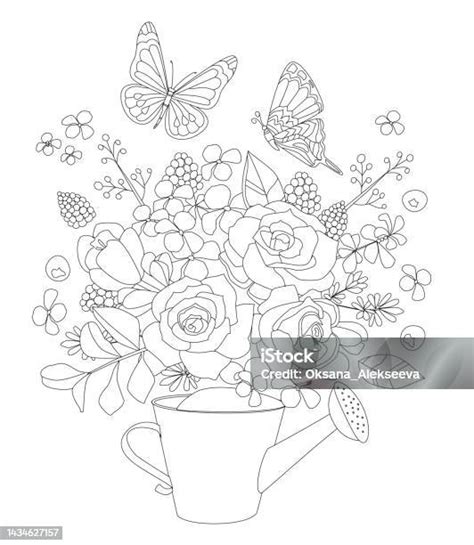물 깡통에있는 꽃의 멋진 꽃다발과 당신의 색칠 공부 책을위한 몇 마리의 날으는 나비 0명에 대한 스톡 벡터 아트 및 기타 이미지 0명 개화기 귀여운 Istock