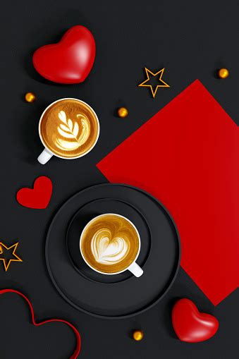 커피 애호가 바리스타 아트 하트 모양의 거품 빨간색 하트 및 카드 배경이 있는 뜨거운 커피 컵의 상위 뷰 발렌타인 데이를위한 축제 카드 평면도 플랫 레이 3d 그림 디지털
