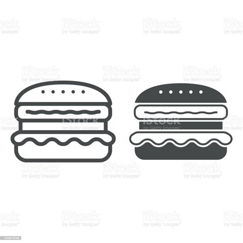 프렌치 버거 라인과 솔리드 아이콘 패스트 푸드 컨셉 화이트 배경에 치즈 버거 벡터 사인 모바일 컨셉 및 웹 디자인을위한 윤곽