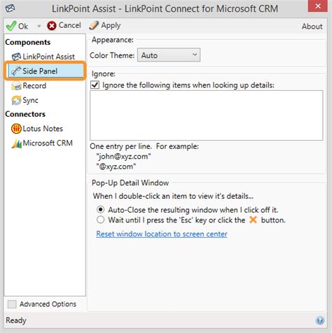 Configuring The Linkpoint Connect Side Panel Ibm Notes Ms Dynamics Crm Knowledge Base