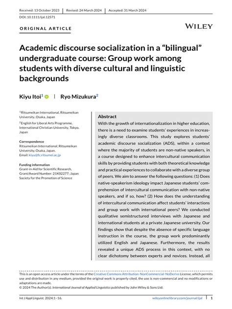 Int J App Linguistics 2024 Itoi Academic Discourse Socialization In A Bilingual