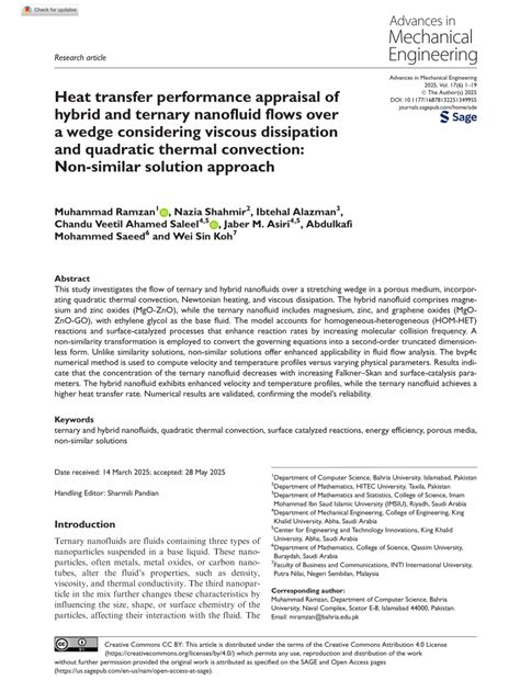 Pdf Heat Transfer Performance Appraisal Of Hybrid And Ternary Nanofluid Flows Over A Wedge