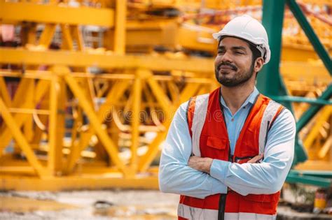 Smart Happy Confident Indian Construction Worker Standing Smile Arm Crossed At Crane Tower