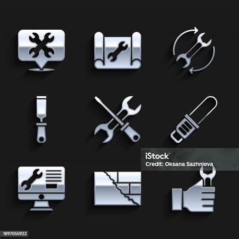 스크루드라이버 및 렌치 벽돌 렌치 스패너 전기톱 컴퓨터 모니터 서비스 Rasp 금속 파일 화살표 워크플로 및 아이콘이 있는 위치를 설정합니다 벡터 강철에 대한 스톡 벡터