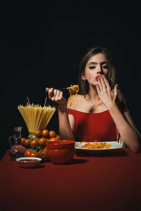 Woman Eating Italian Pasta Spaghetti Hunger Appetite And Recipe