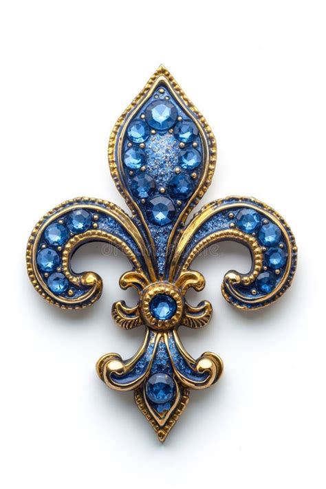 A Blue And Gold Fleur De Lis Brooch On A White Background Stock