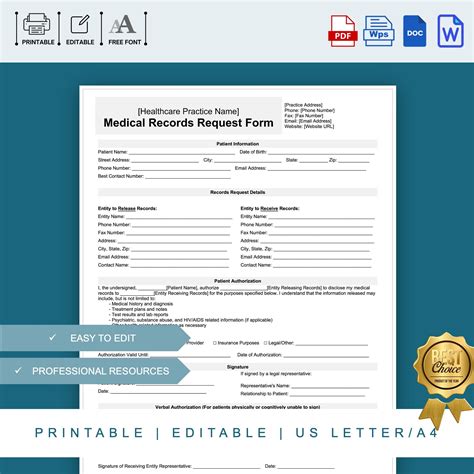 Medical Records Request Form Template Printable Healthcare Medical