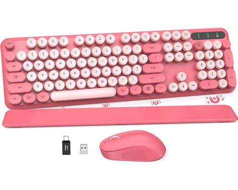 Wireless Keyboard And Mouse Combo Pink Retro Keyboard With Round Keycaps Full Size Typewriter