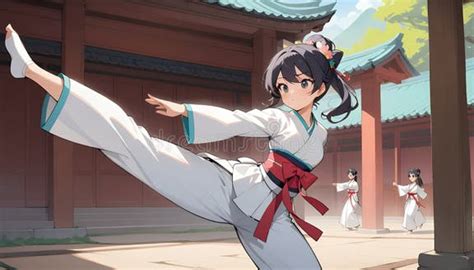 Energetic Kawaii Anime Girl In White Martial Arts Gi Executing High