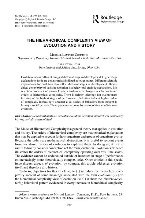 Pdf The Hierarchical Complexity View Of Evolution And History