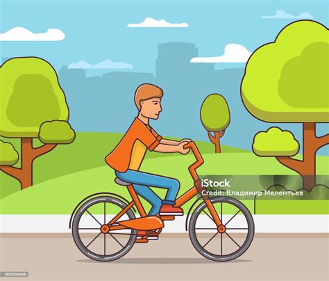 젊은 남자 도시에서 공공 공원에서 자전거를 타고 남자의 사이클 스포츠 포스터의 디자인의 개념입니다 플랫 라인 아트 벡터입니다