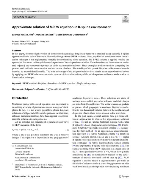 Pdf Approximate Solution Of Mrlw Equation In B Spline Environment