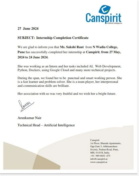 Sakshi Raut On Linkedin Successfully Completed Internship At Canspirit Ai Pune