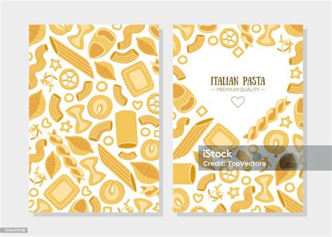 이탈리아 어 파스타 프리미엄 품질 카드 템플릿 전통적인 파스타의 다른 유형으로 설정 메뉴 포장 전단지 인증서 벡터 일러스트레이션에 사용할 수 있습니다 전단지에 대한 스톡